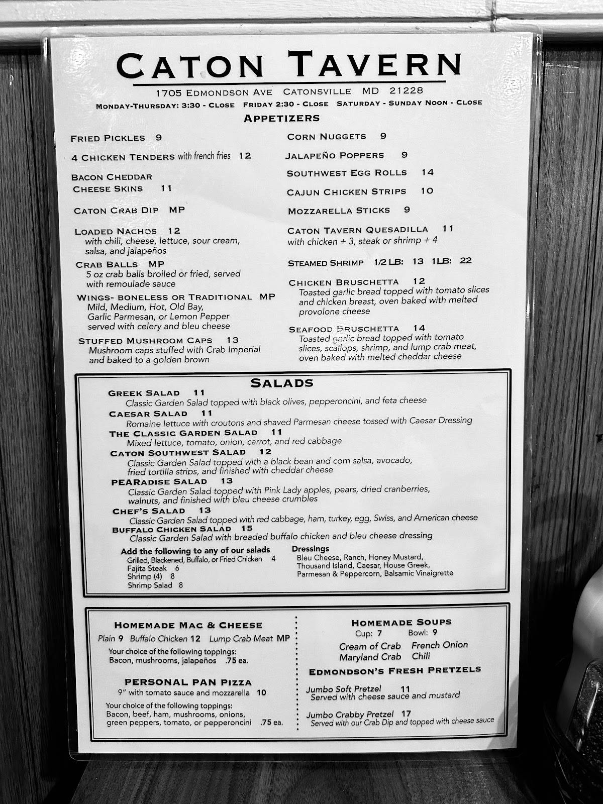 Menu at Caton Tavern & Restaurant, Catonsville