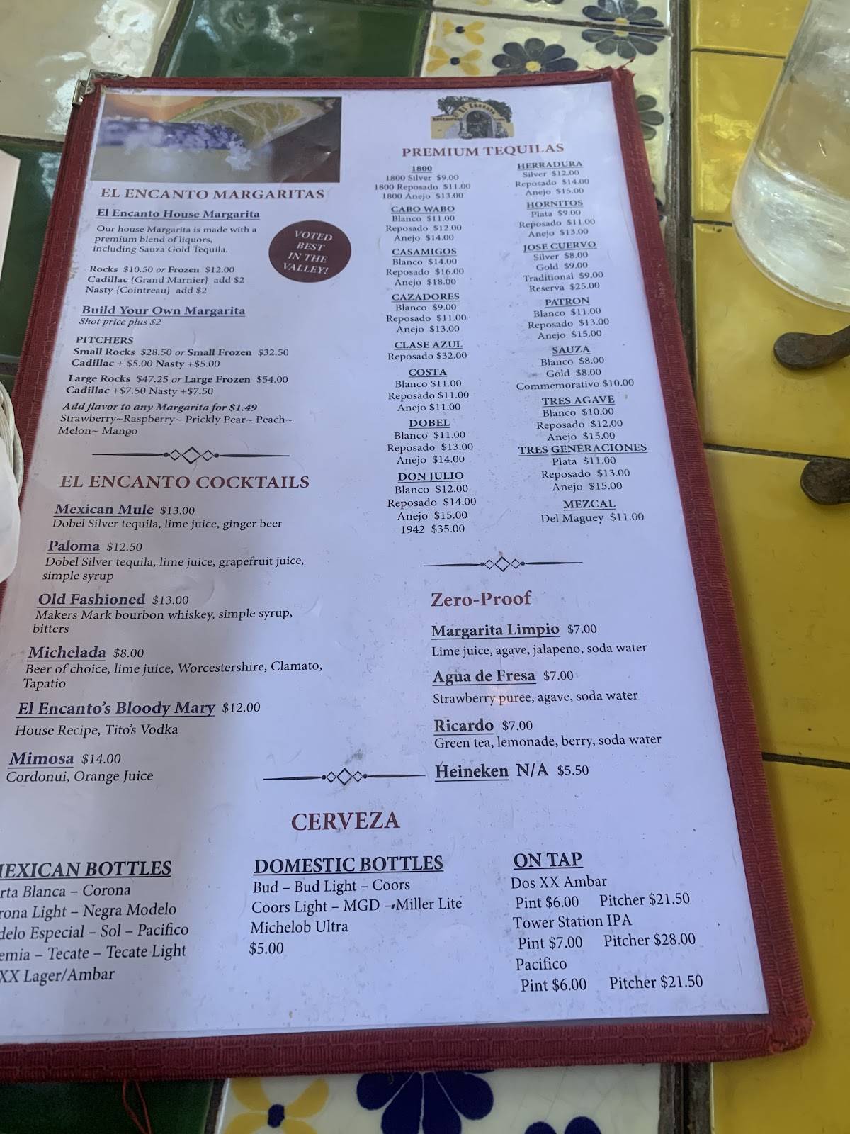 Menu at El Encanto restaurant, Cave Creek, E Cave Creek Rd