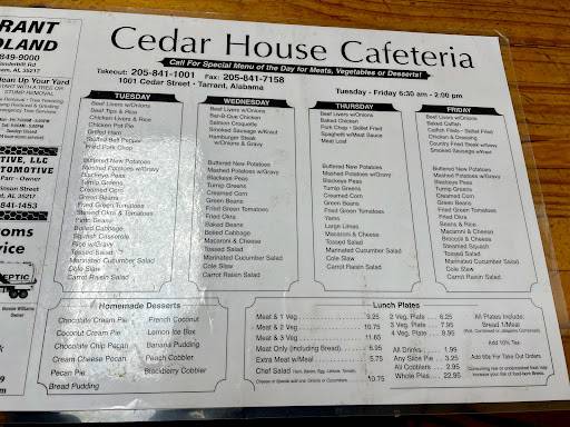 Menu at Cedar House Cafeteria, Birmingham