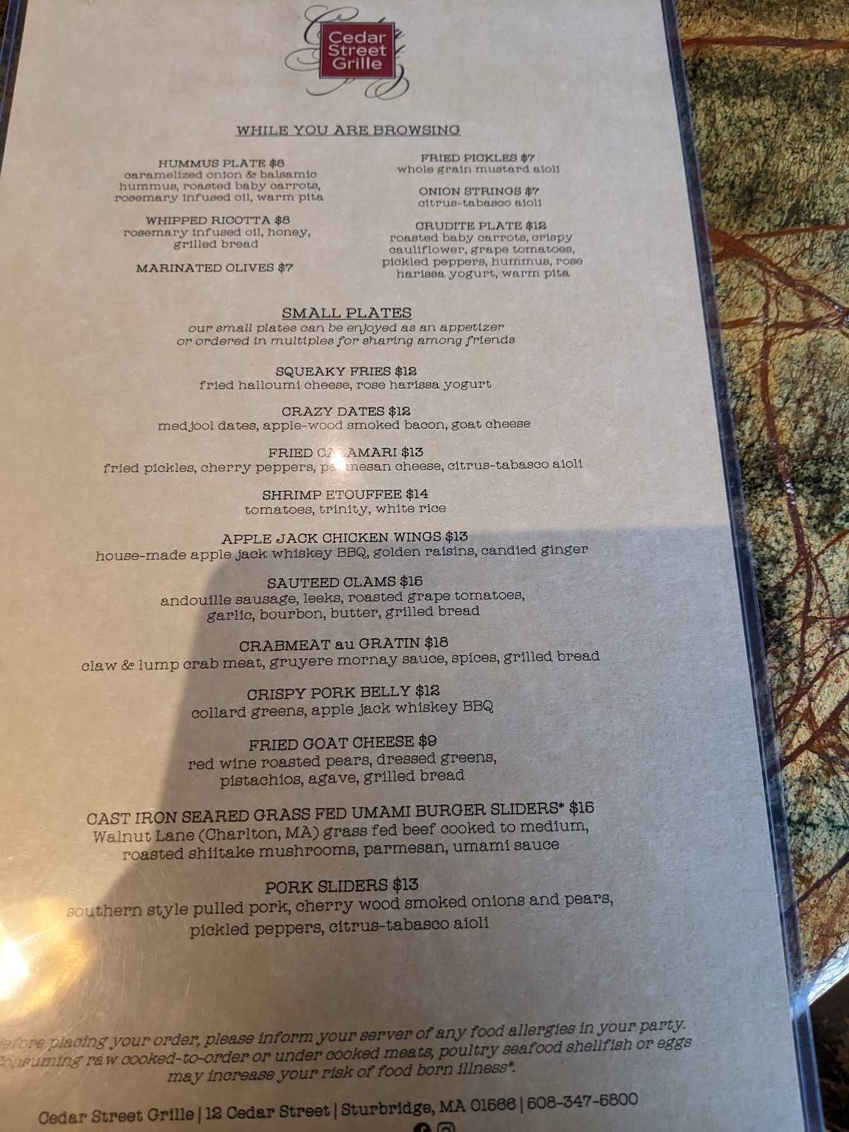 Menu at Cedar Street Grille pub & bar, Sturbridge
