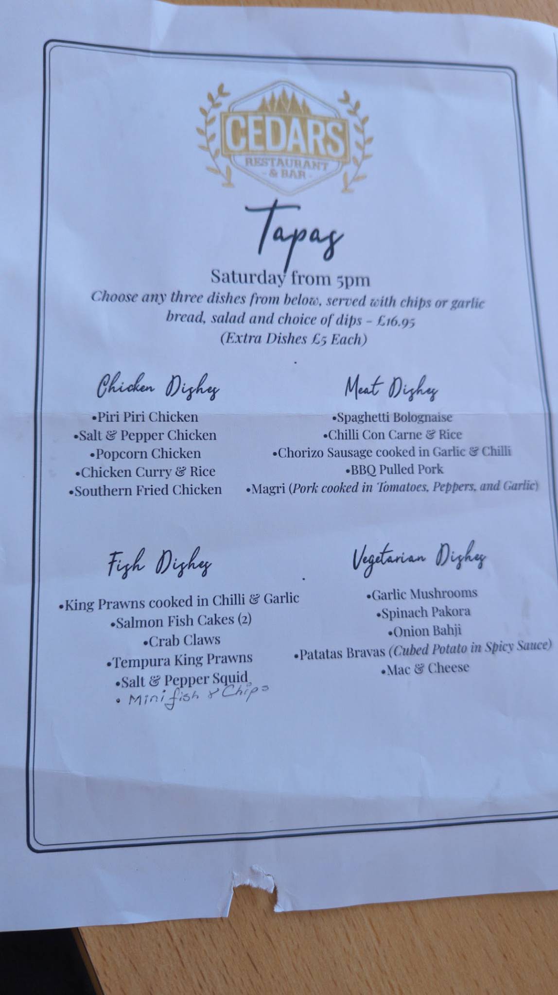 Menu at Cedars Bar And Restaurant, Mablethorpe, Tingdene Chalet Park