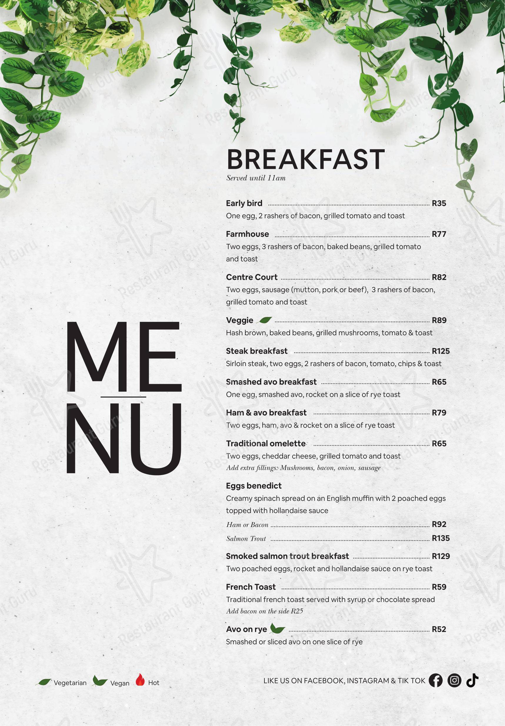 Menu at Centre Court Pavillion restaurant, Westville, 301