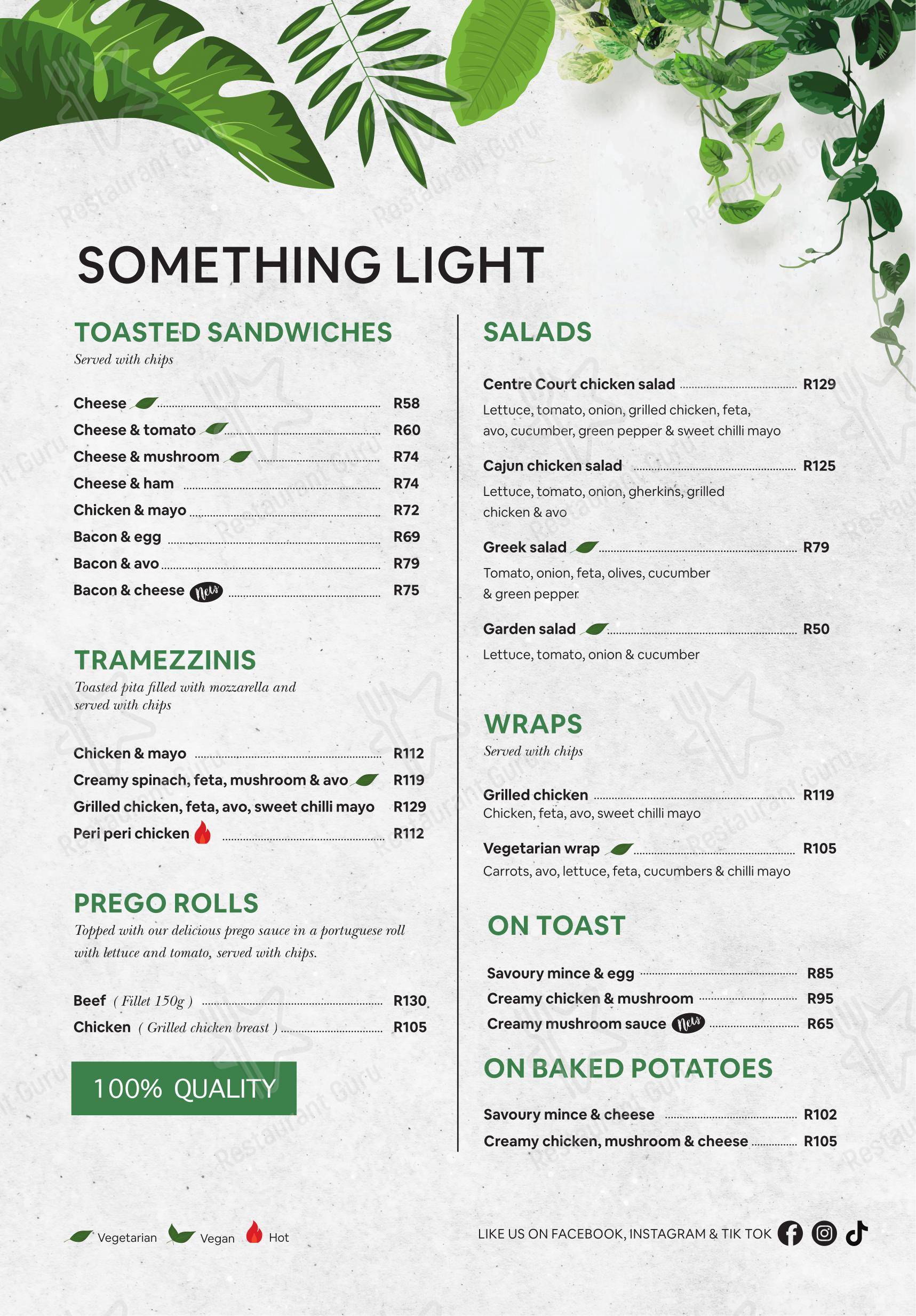Menu at Centre Court Pavillion restaurant, Westville, 301