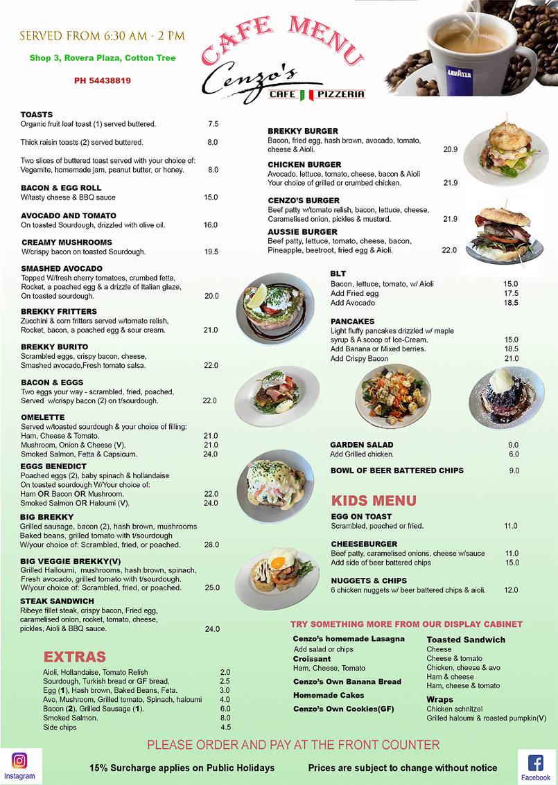 Menu at Cenzo's Cafe And Pizzeria., Maroochydore