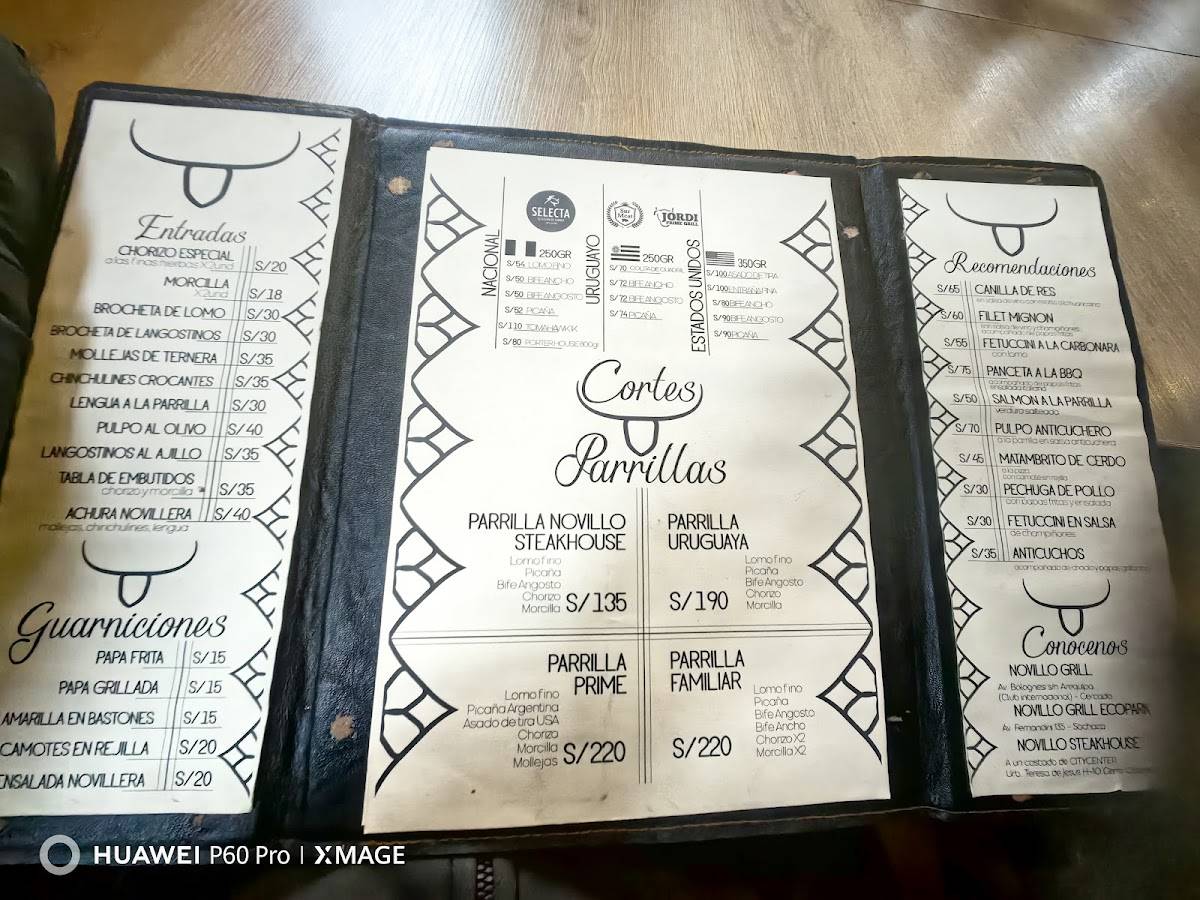 Menu at Novillo Steakhouse, Cerro Colorado District
