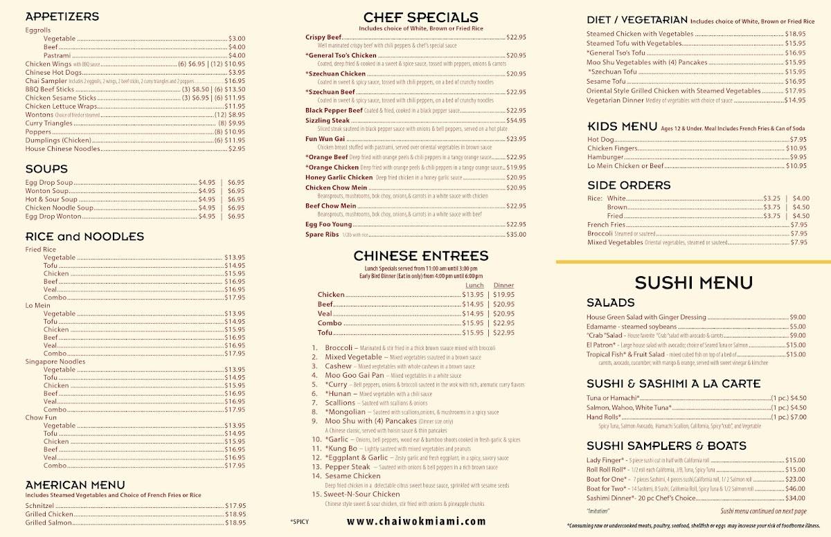Menu at Chai Wok restaurant, North Miami Beach, NE 164th St