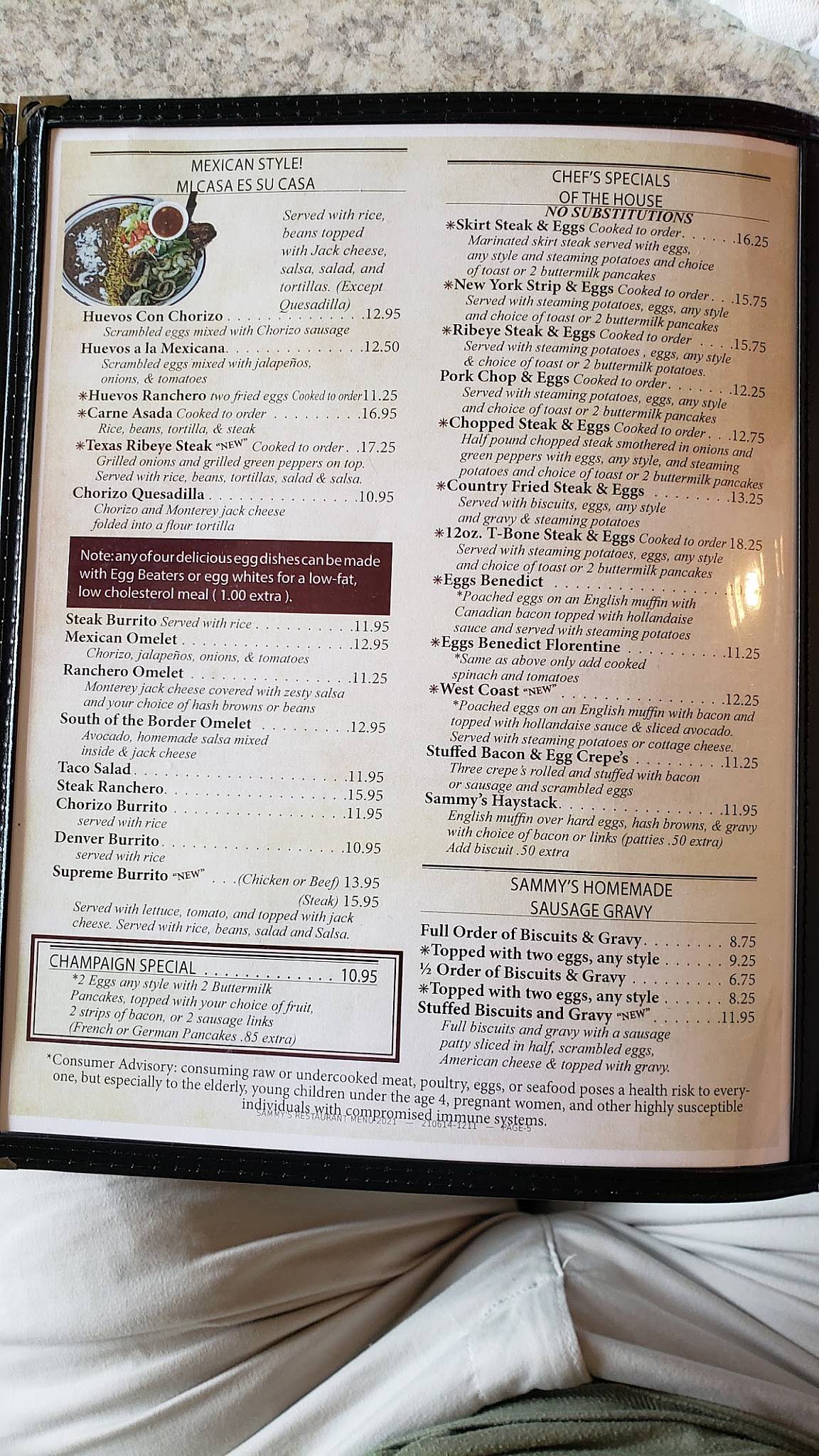 Menu at Sammy's Pancake House restaurant, Champaign