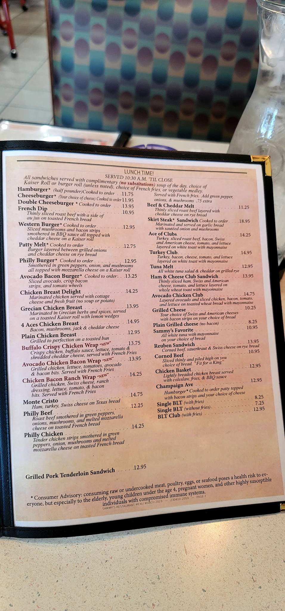 Menu at Sammy's Pancake House restaurant, Champaign