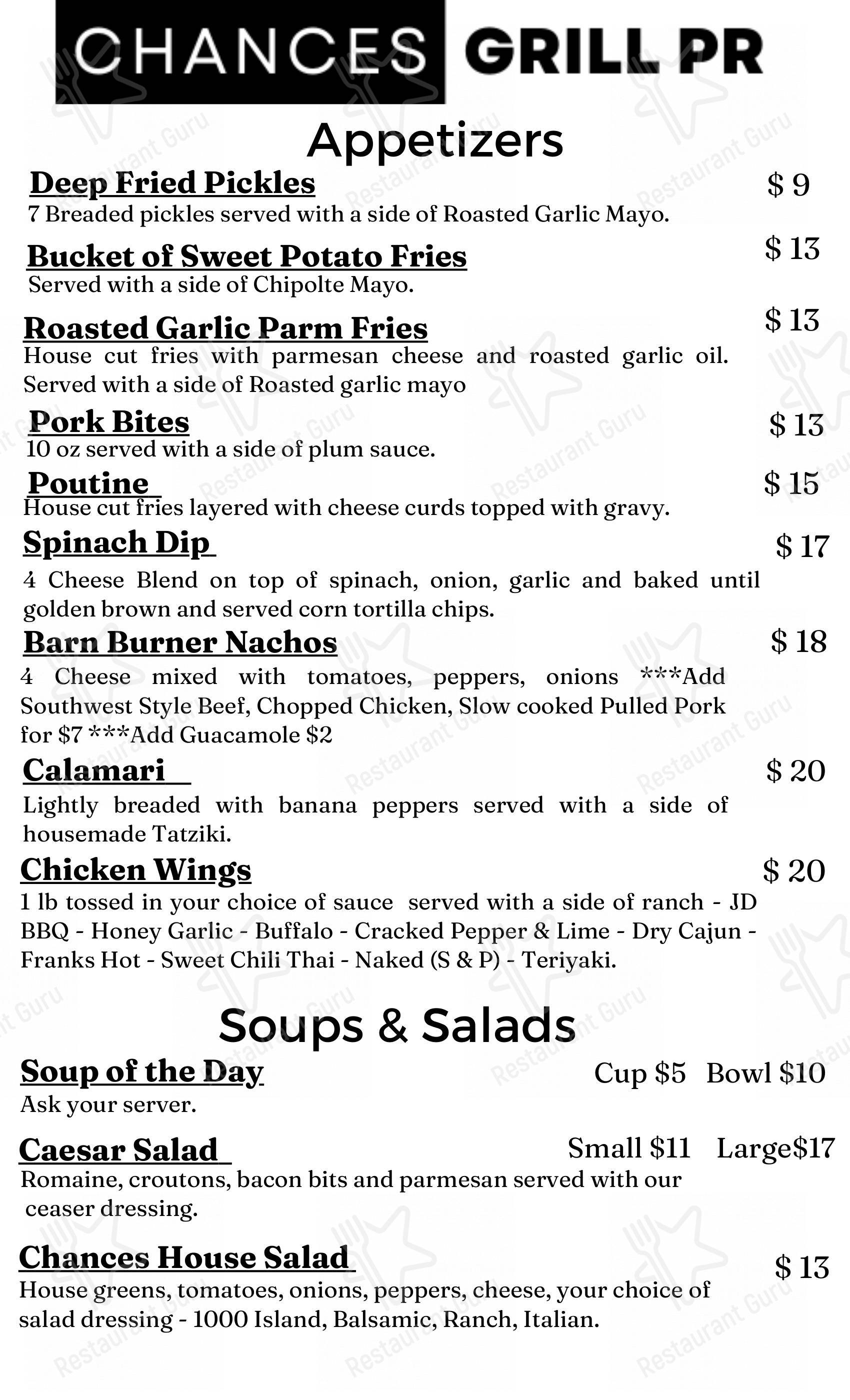 Menu at Chances Grill PR pub & bar, Prince Rupert