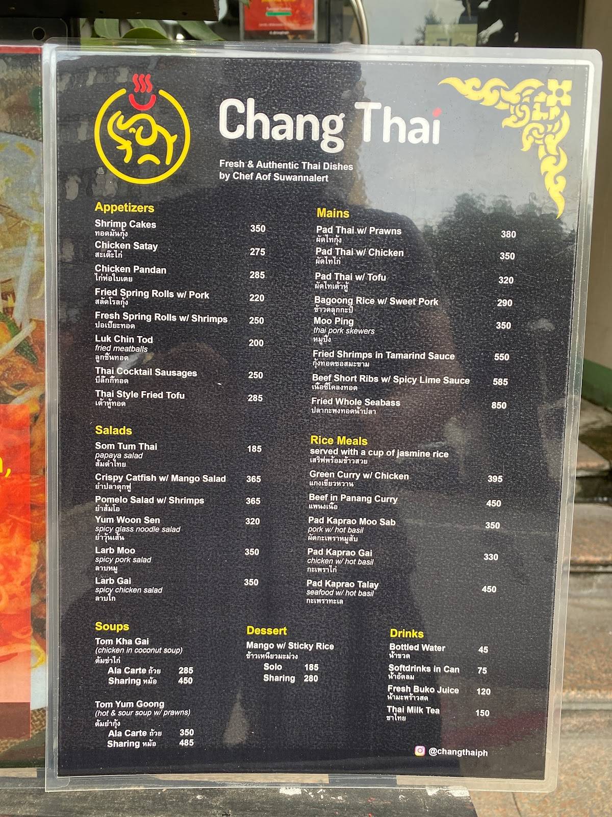 Menu at Chang Thai restaurant, Makati