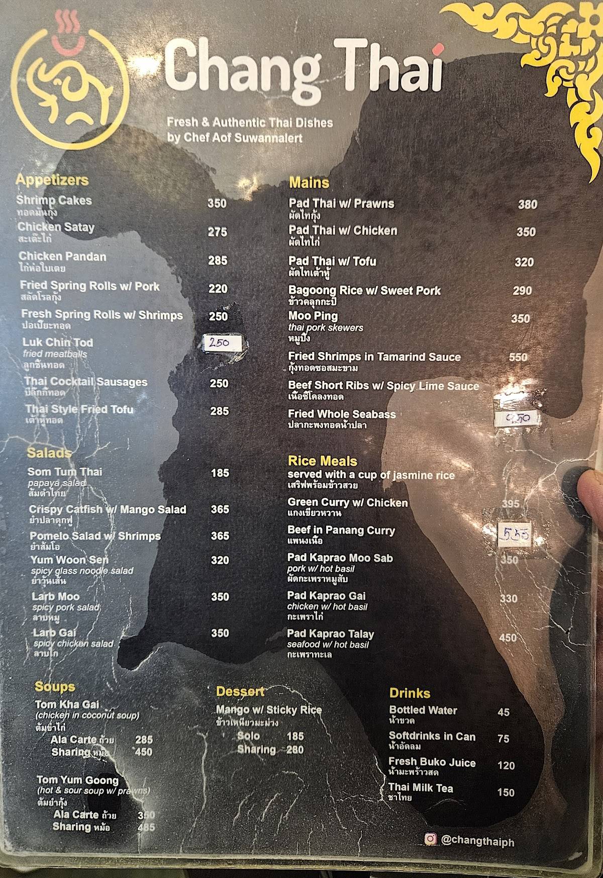 Menu at Chang Thai restaurant, Makati