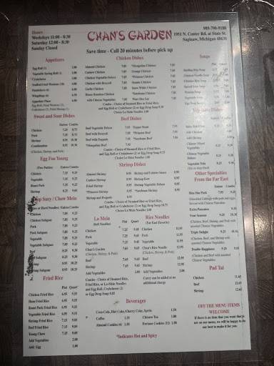 Menu at Chan's Garden Restaurant, Saginaw