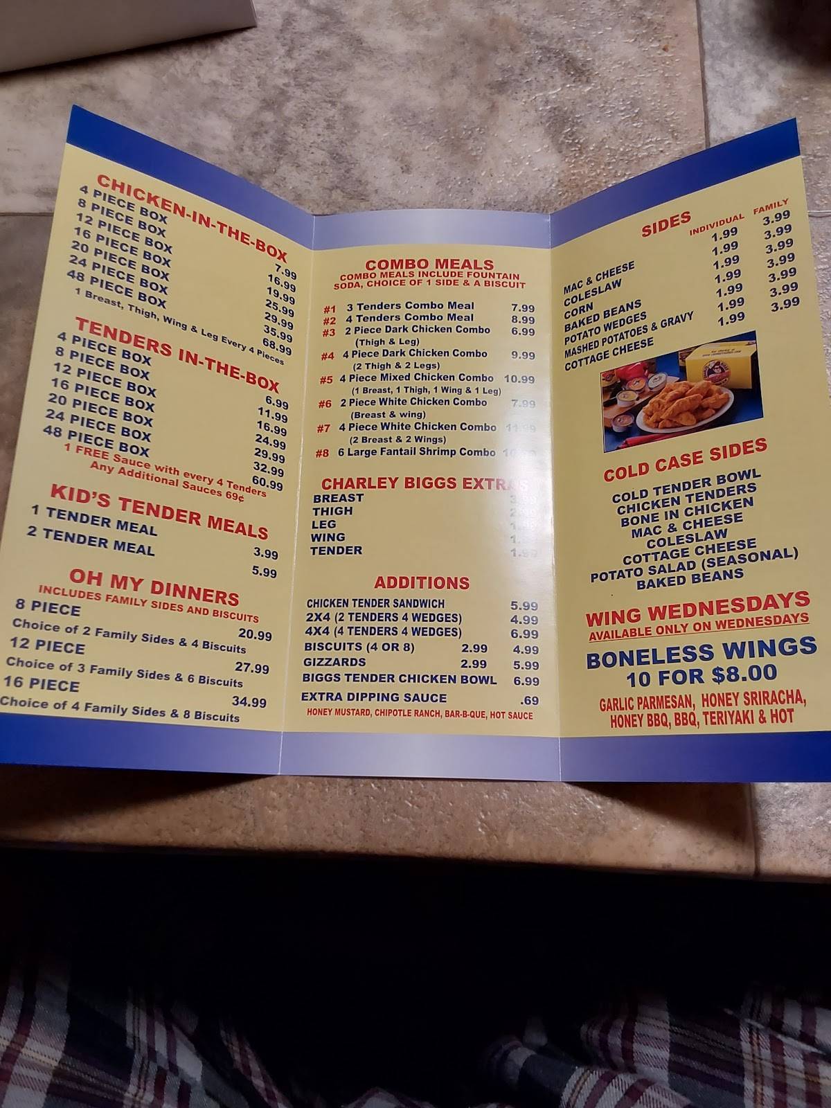 Menu at Charley Biggs’ Chicken restaurant, Oshkosh