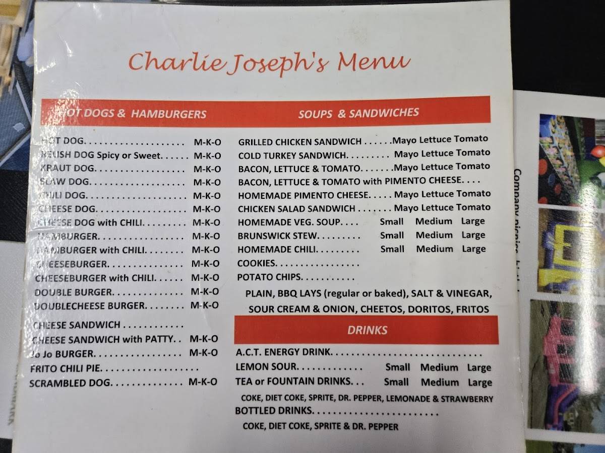 Menu at Charlie Joseph's restaurant, LaGrange, W Point Rd