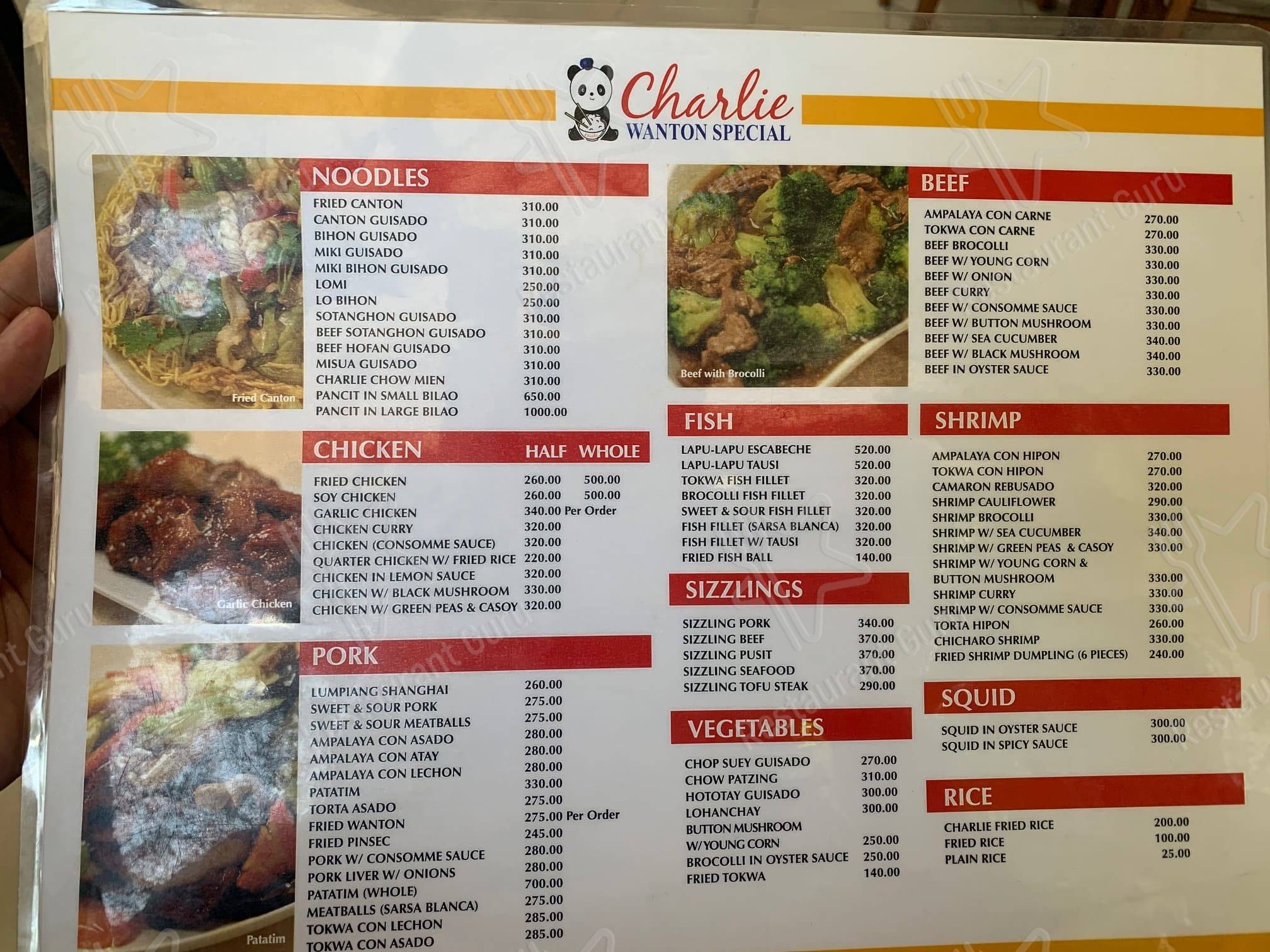 Menu at Charlie Wanton Special restaurant, Mandaluyong