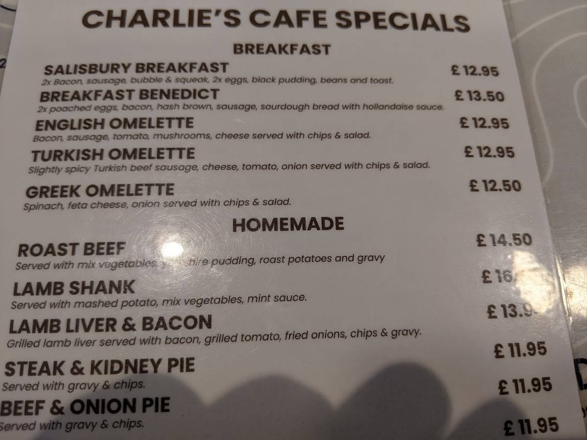 Menu at Charlie’s kitchen cafe, Salisbury