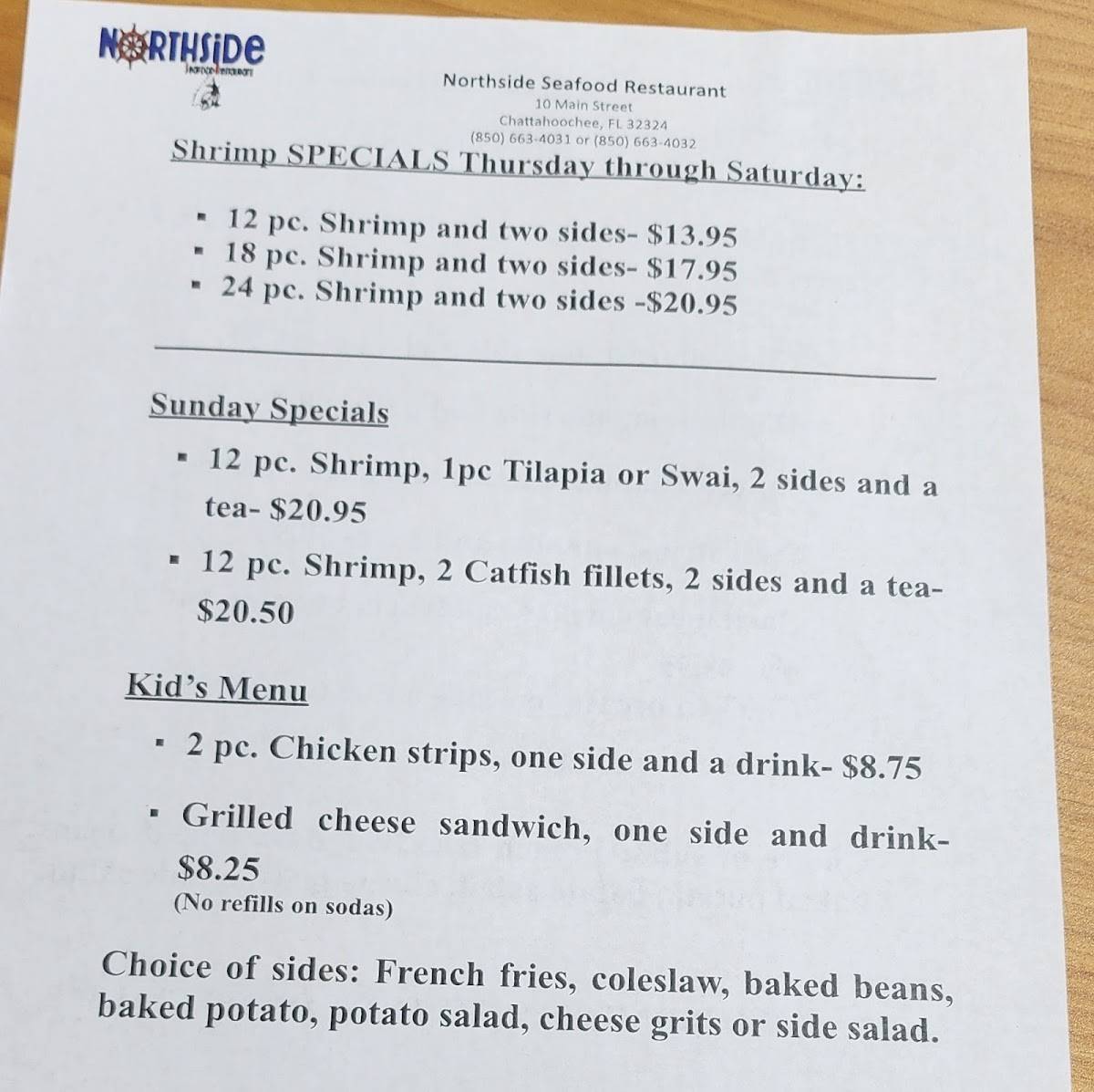 Menu at Northside Seafood restaurant, Chattahoochee