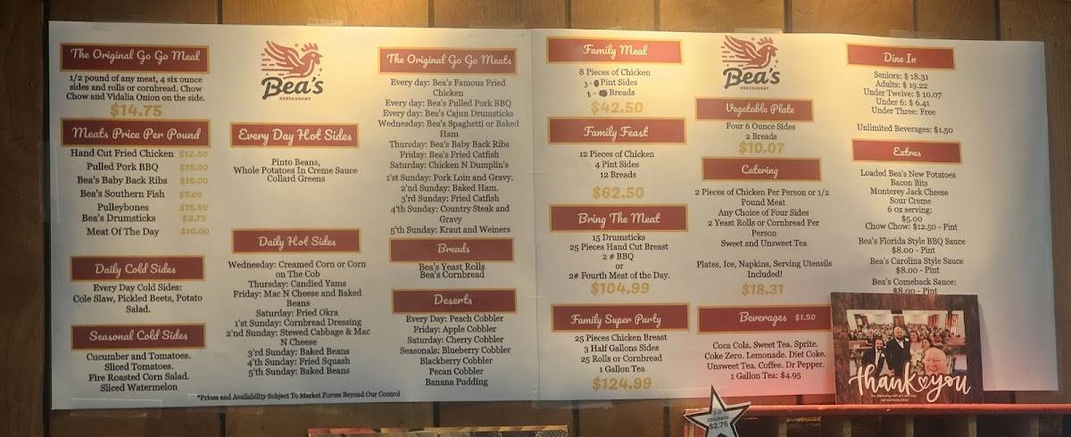 Menu at Bea's Restaurant, Chattanooga, Dodds Ave