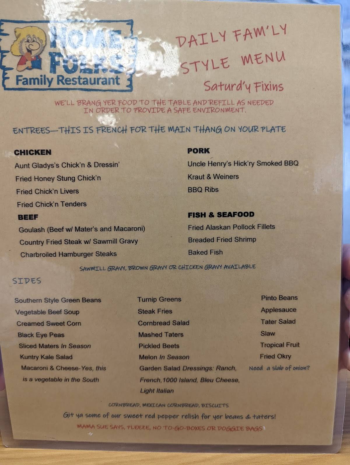 Menu at Home Folks Family Restaurant, Soddy-Daisy