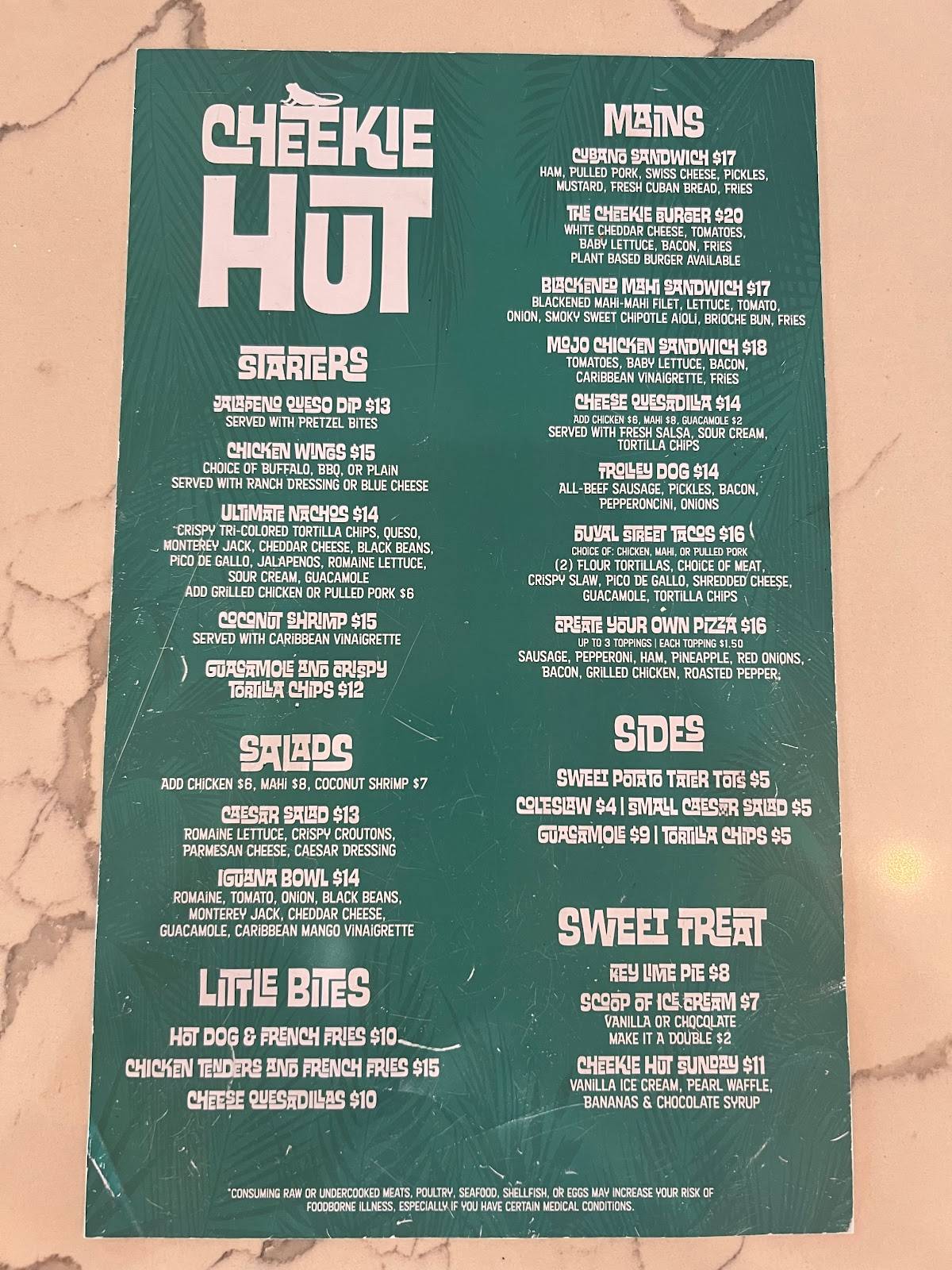 Menu at Cheekie Hut restaurant, Key West
