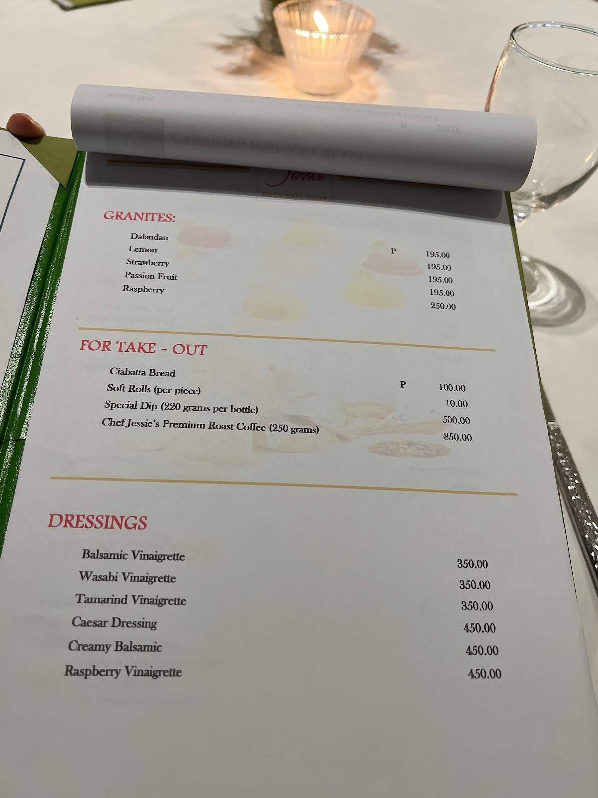 Menu at Chef Jessie Rockwell Club, Makati