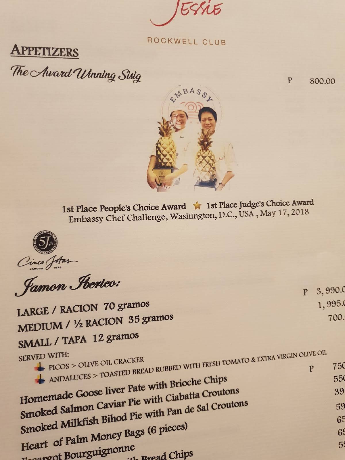 Menu at Chef Jessie Rockwell Club, Makati