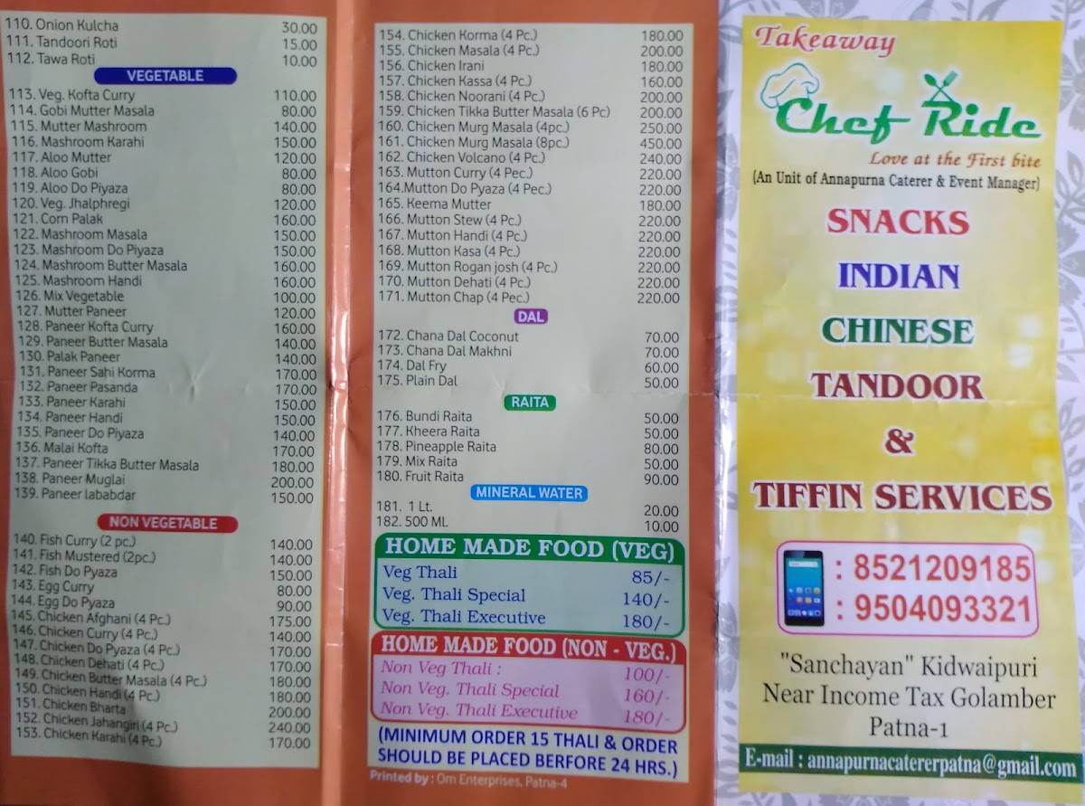 Menu at Chef Ride, Patna
