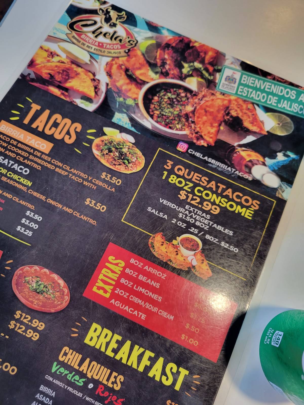 Menu at Chela's Birria Tacos restaurant, Whiting