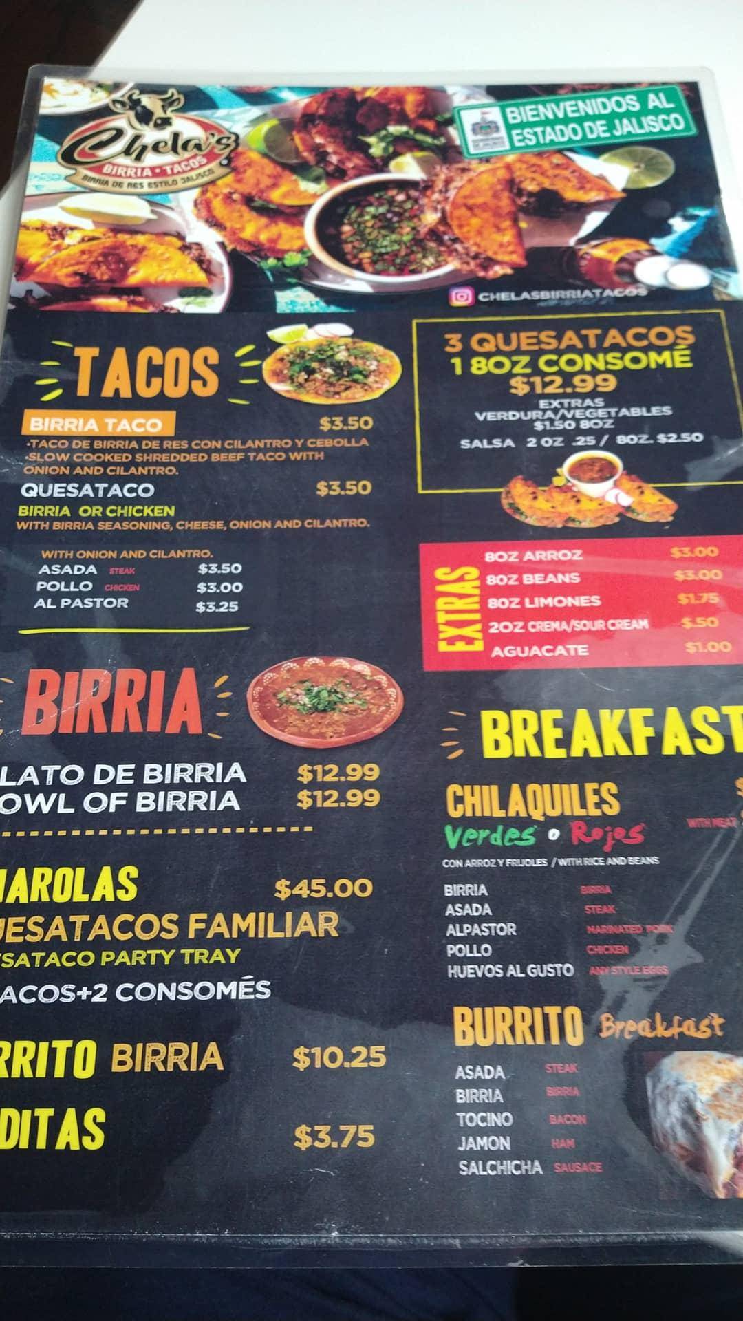 Menu at Chela's Birria Tacos restaurant, Whiting