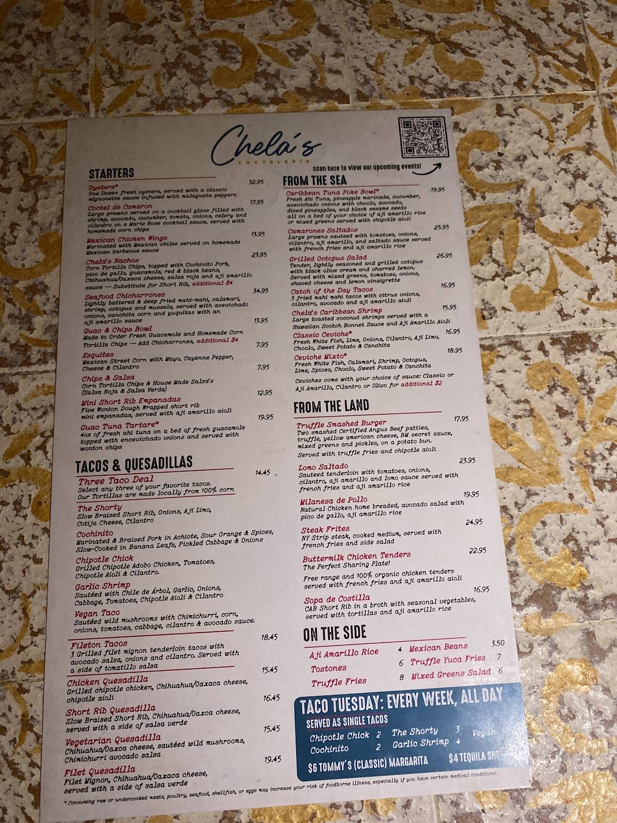 Menu at Chela's Miami pub & bar, Miami Lakes