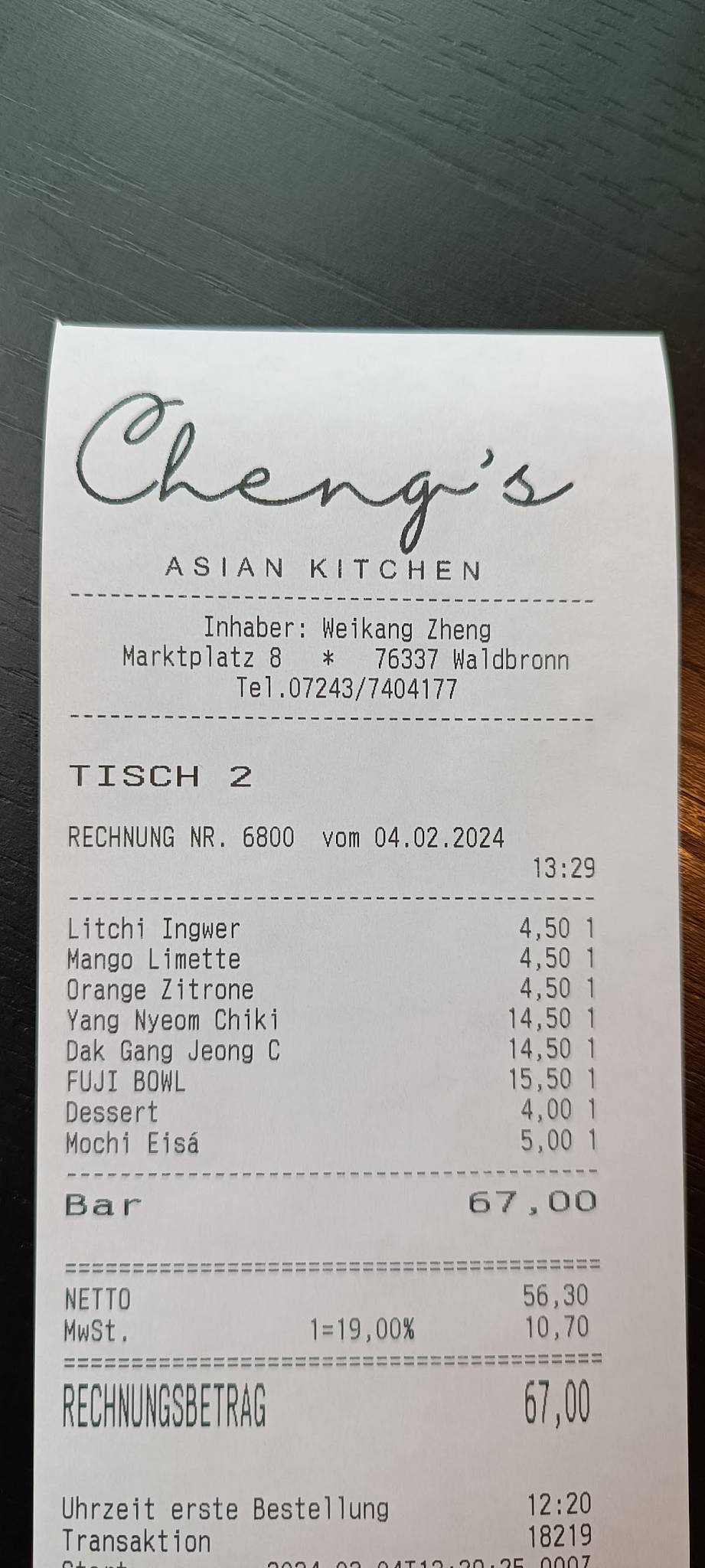 Speisekarte von Cheng's Asian Kitchen restaurant, Waldbronn