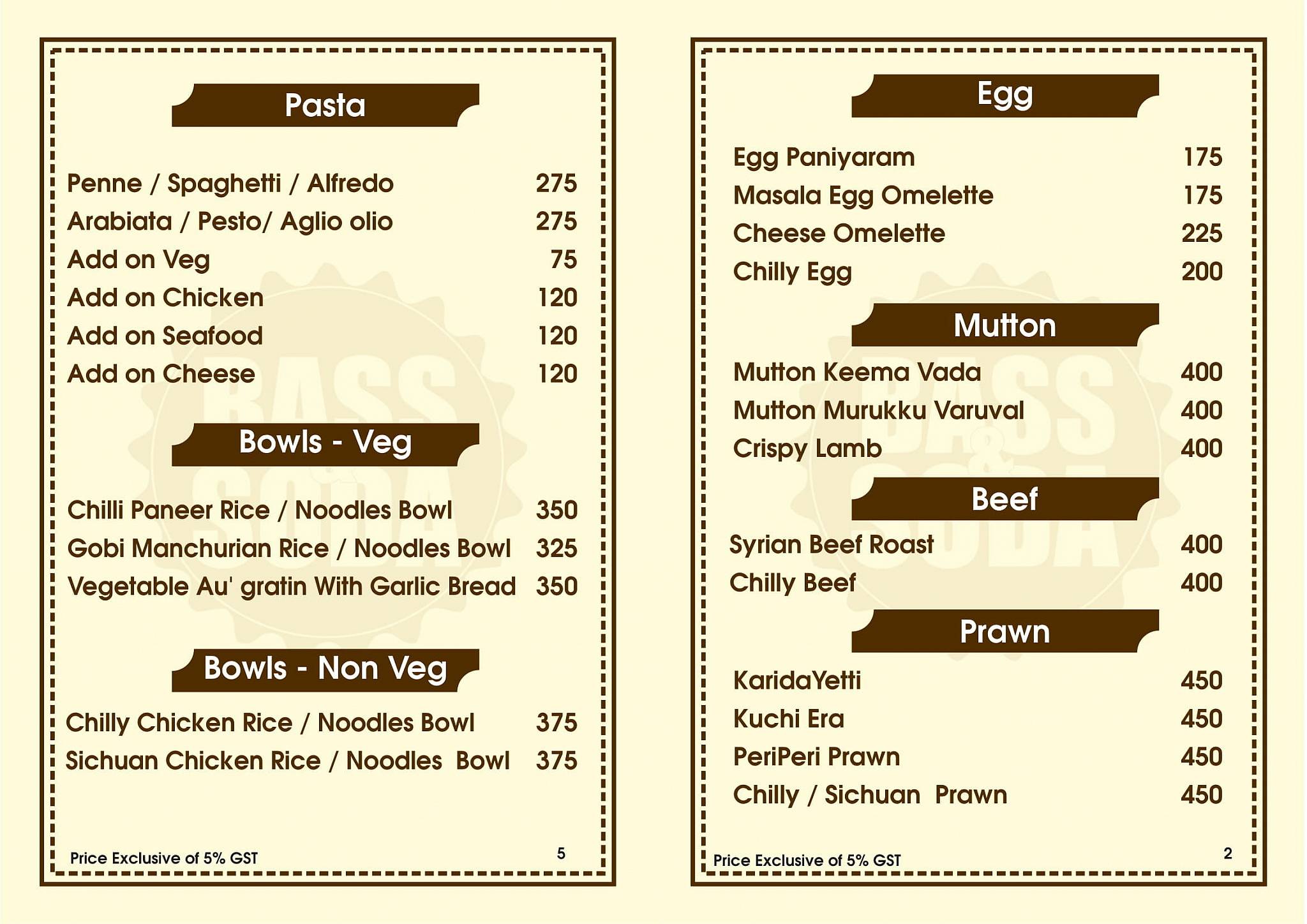 Menu at BASS AND SODA, Chennai
