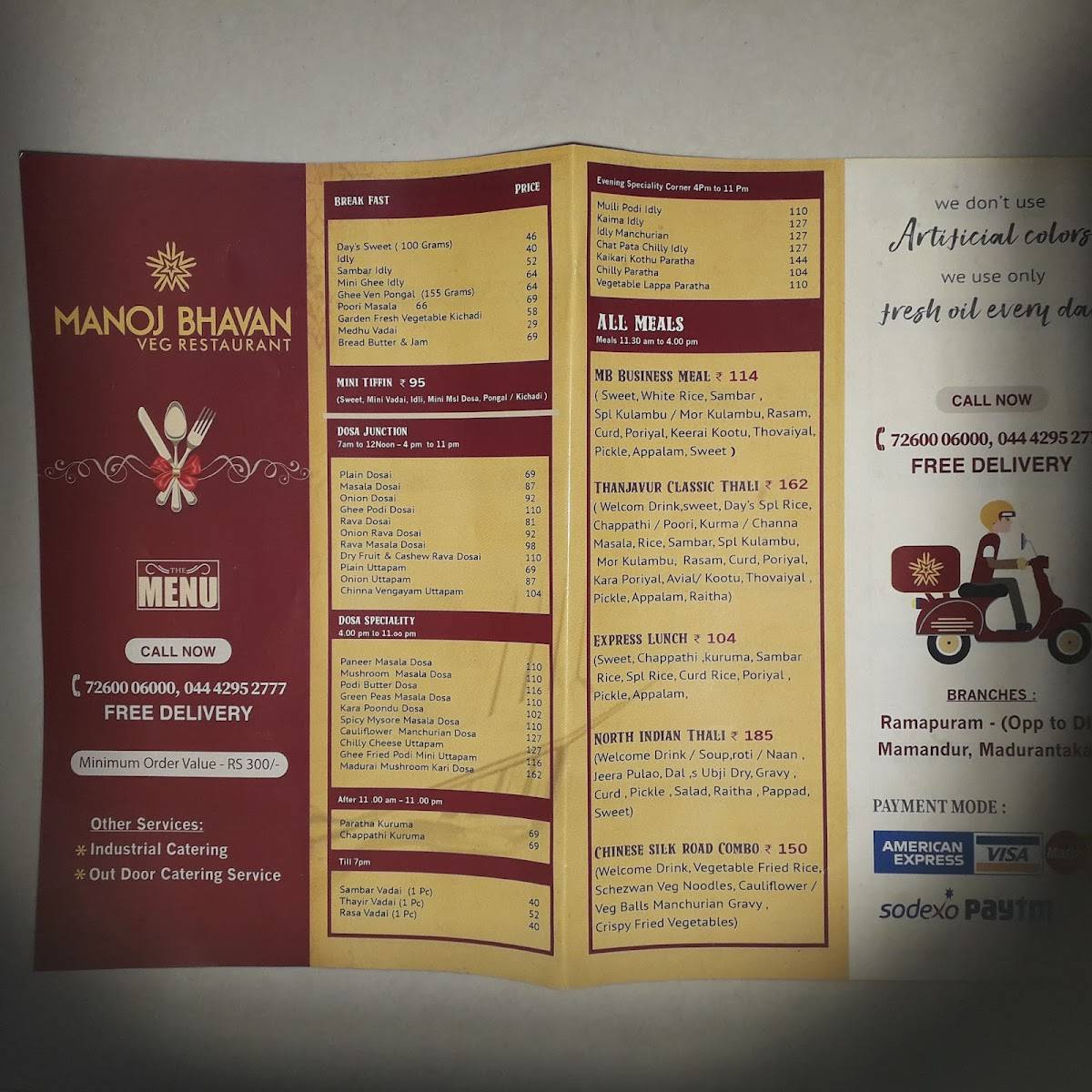 Menu at Manoj Bhavan Veg Restaurant, Chennai