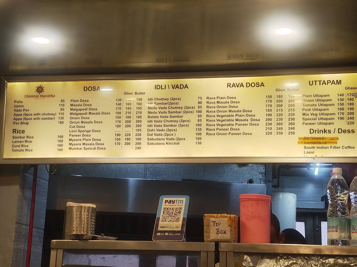 Menu at Chennai Maratha, Shimla