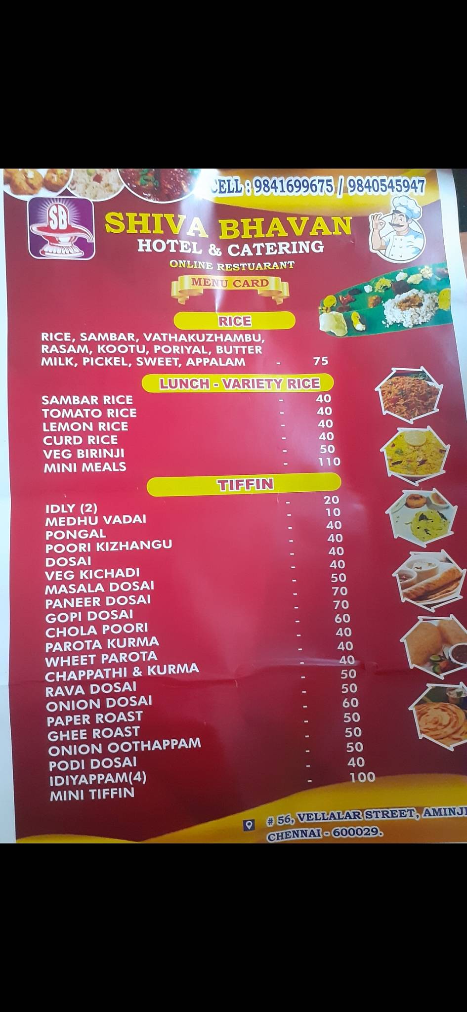 Menu at Shiva Bhavan, Chennai, 56