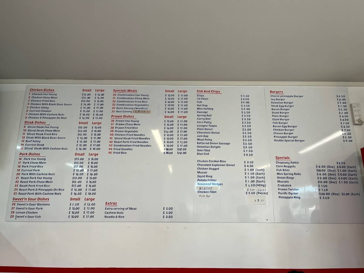 Menu at Chen's Wok Oamaru cafe, Oamaru
