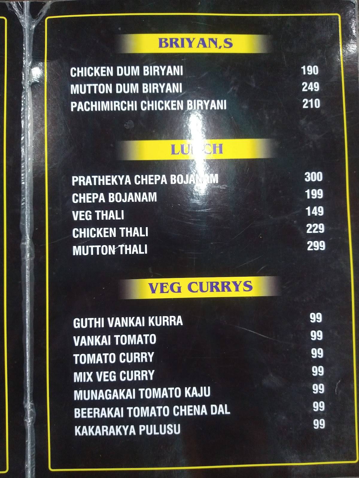Menu at Aha Chepala Pulusu, Hyderabad