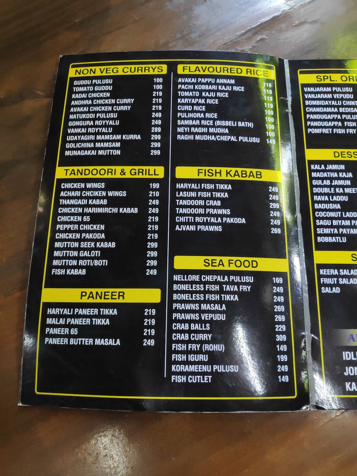 Menu at Aha Chepala Pulusu, Hyderabad