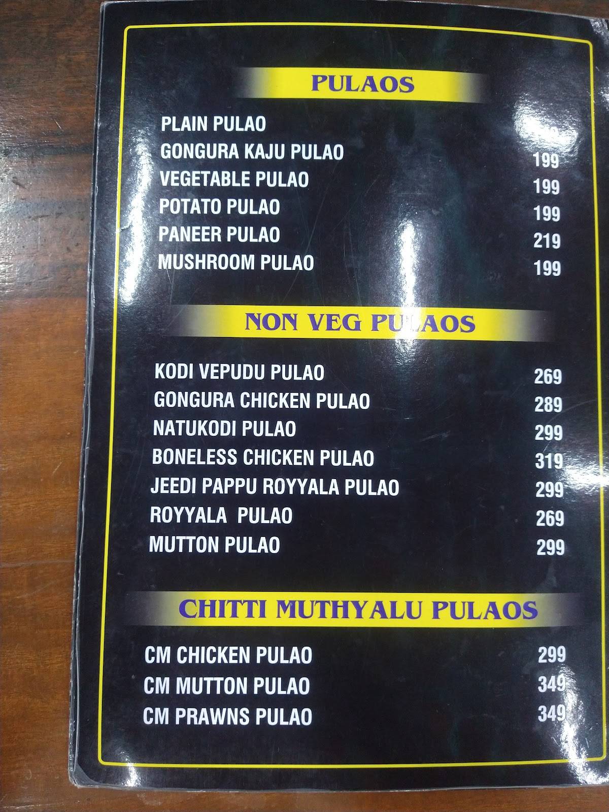 Menu at Aha Chepala Pulusu, Hyderabad