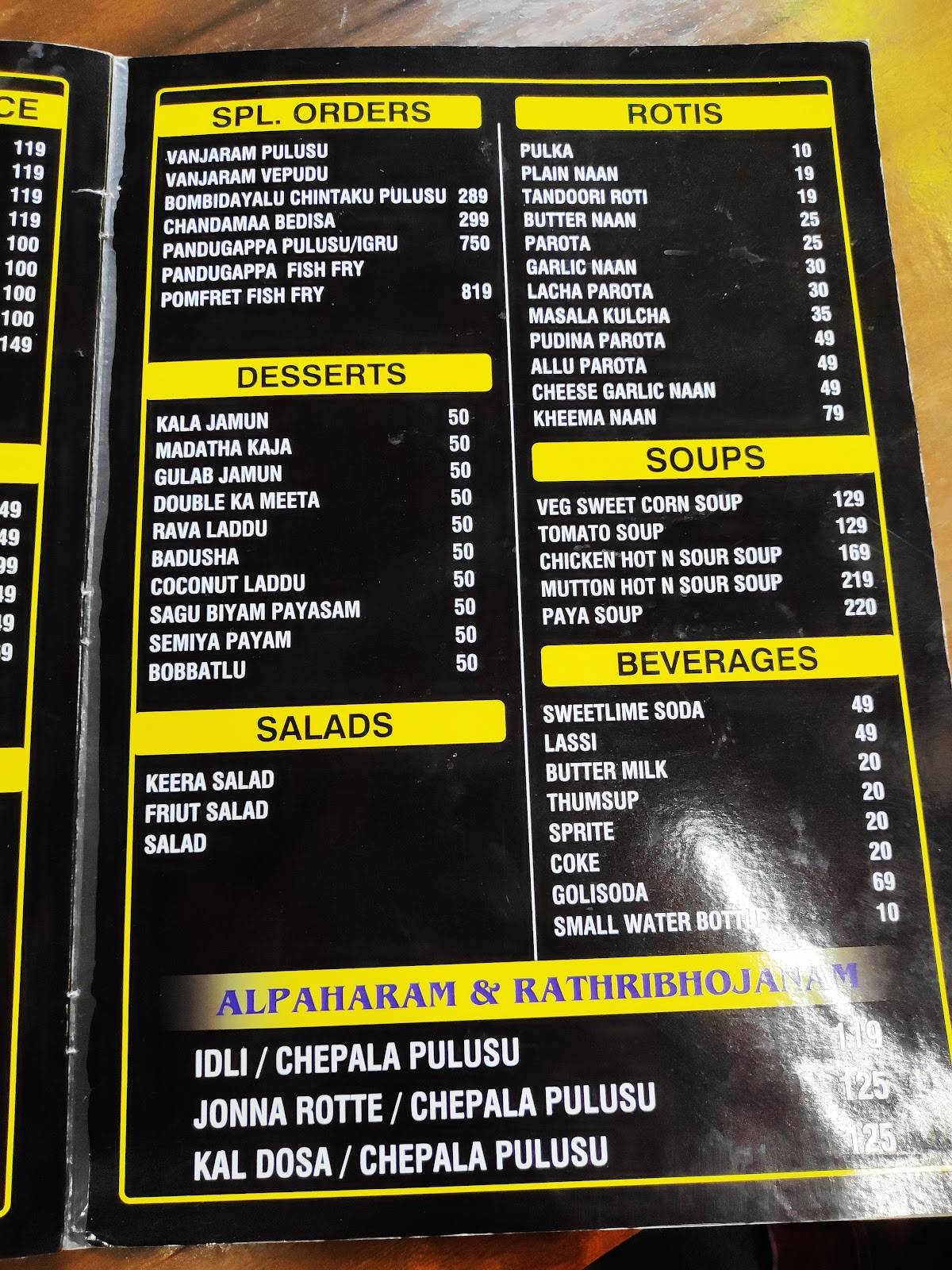 Menu at Aha Chepala Pulusu, Hyderabad