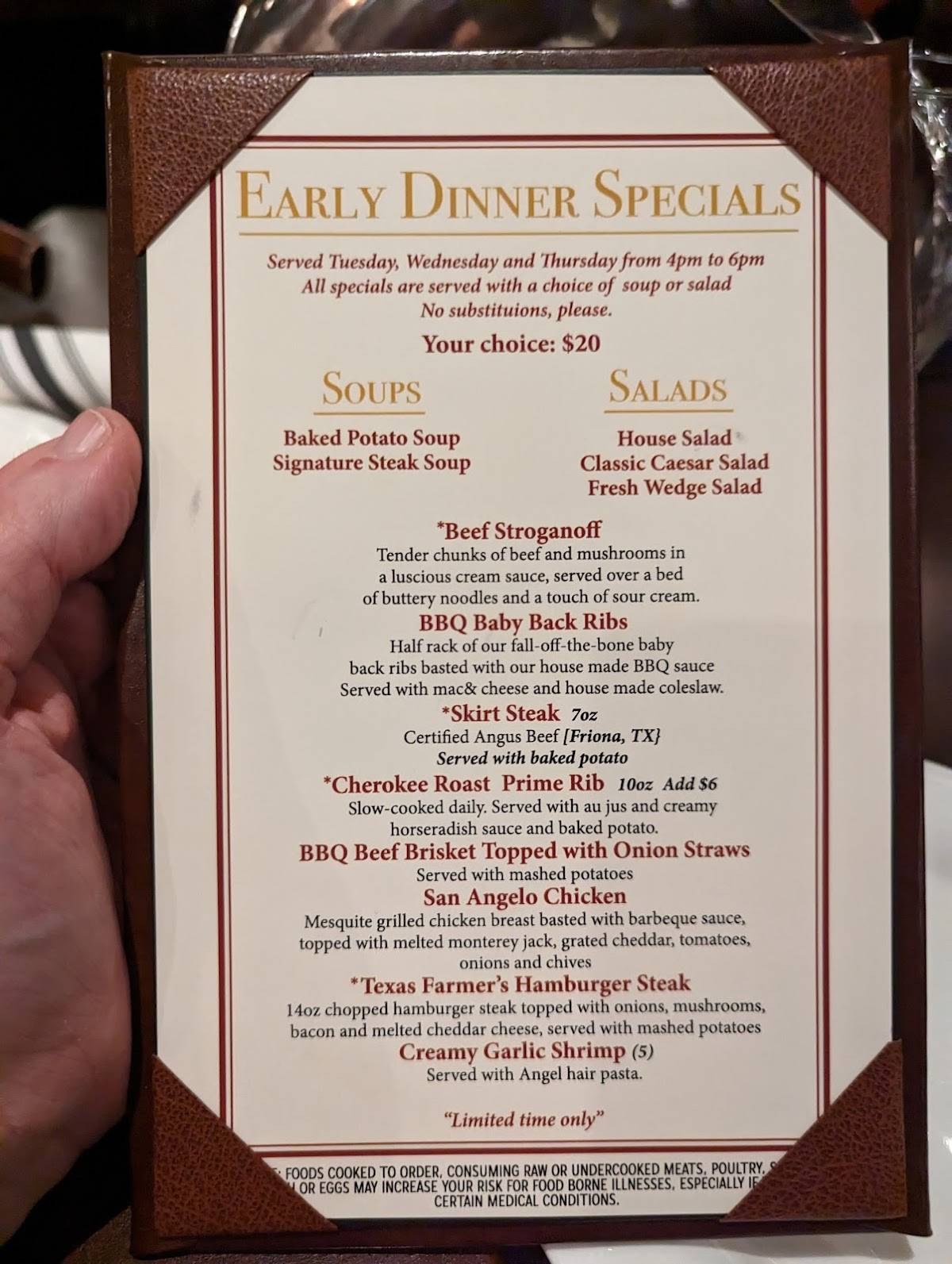 Menu at Cherokee Chophouse steakhouse, Marietta
