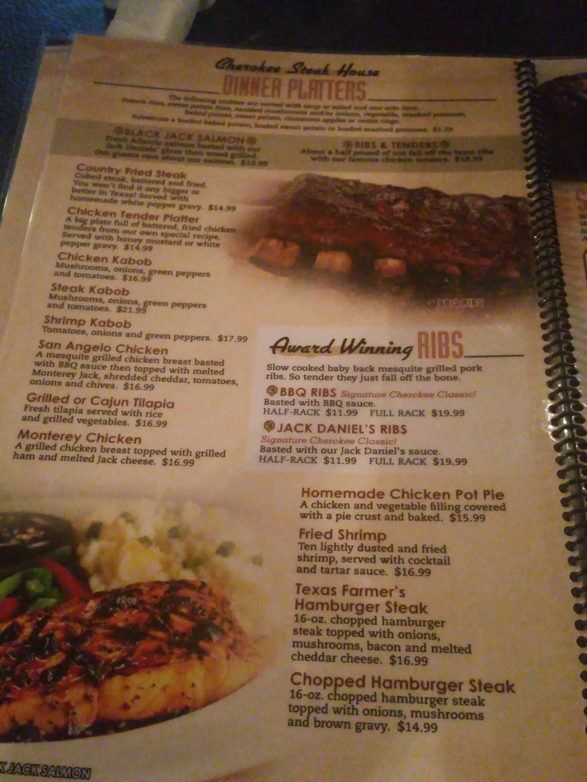 Menu at Cherokee Chophouse steakhouse, Marietta