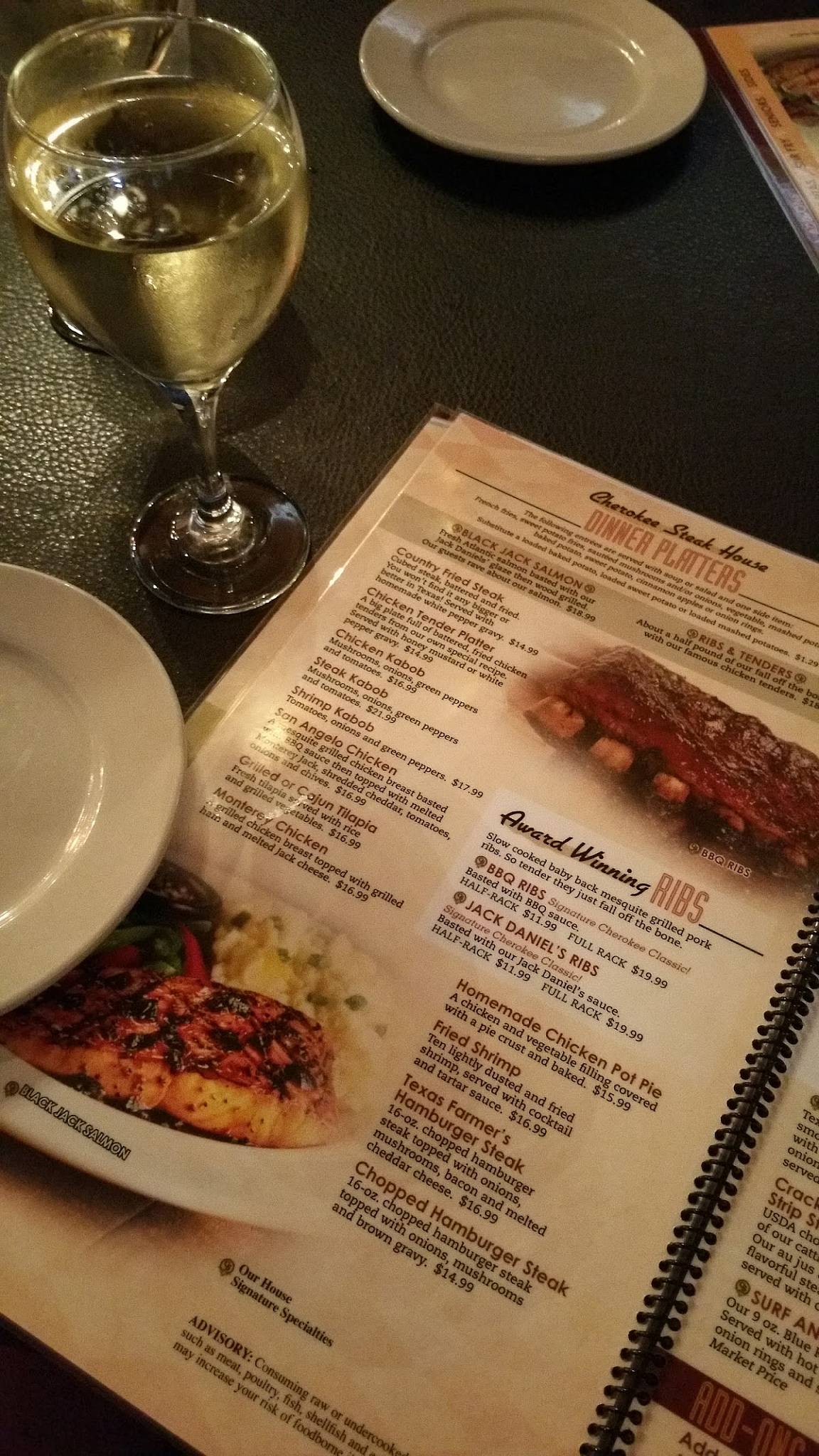Menu at Cherokee Chophouse steakhouse, Marietta