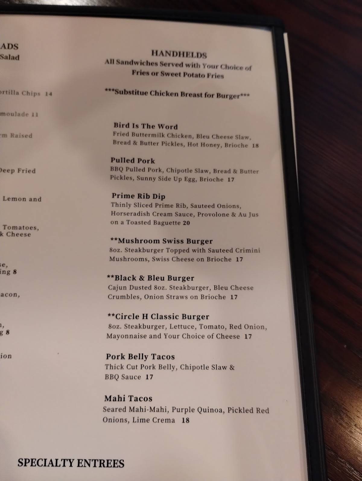 Menu at Circle H Chophouse pub & bar, Cherokee