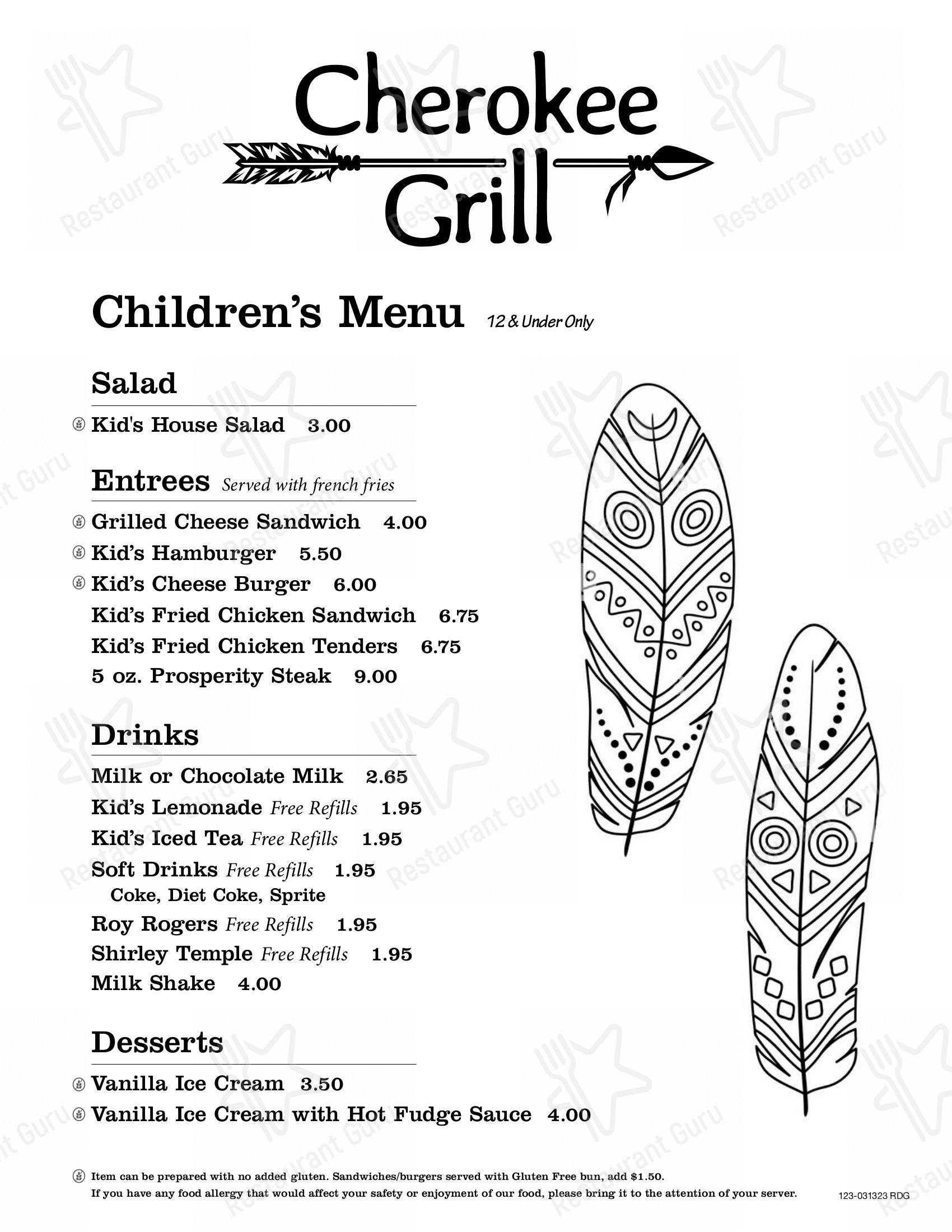 Menu at Cherokee Grill and Steakhouse, Gatlinburg