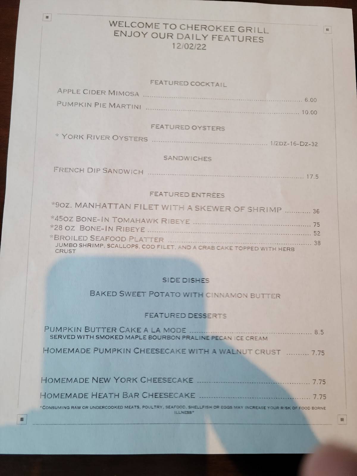 Menu at Cherokee Grill and Steakhouse, Gatlinburg