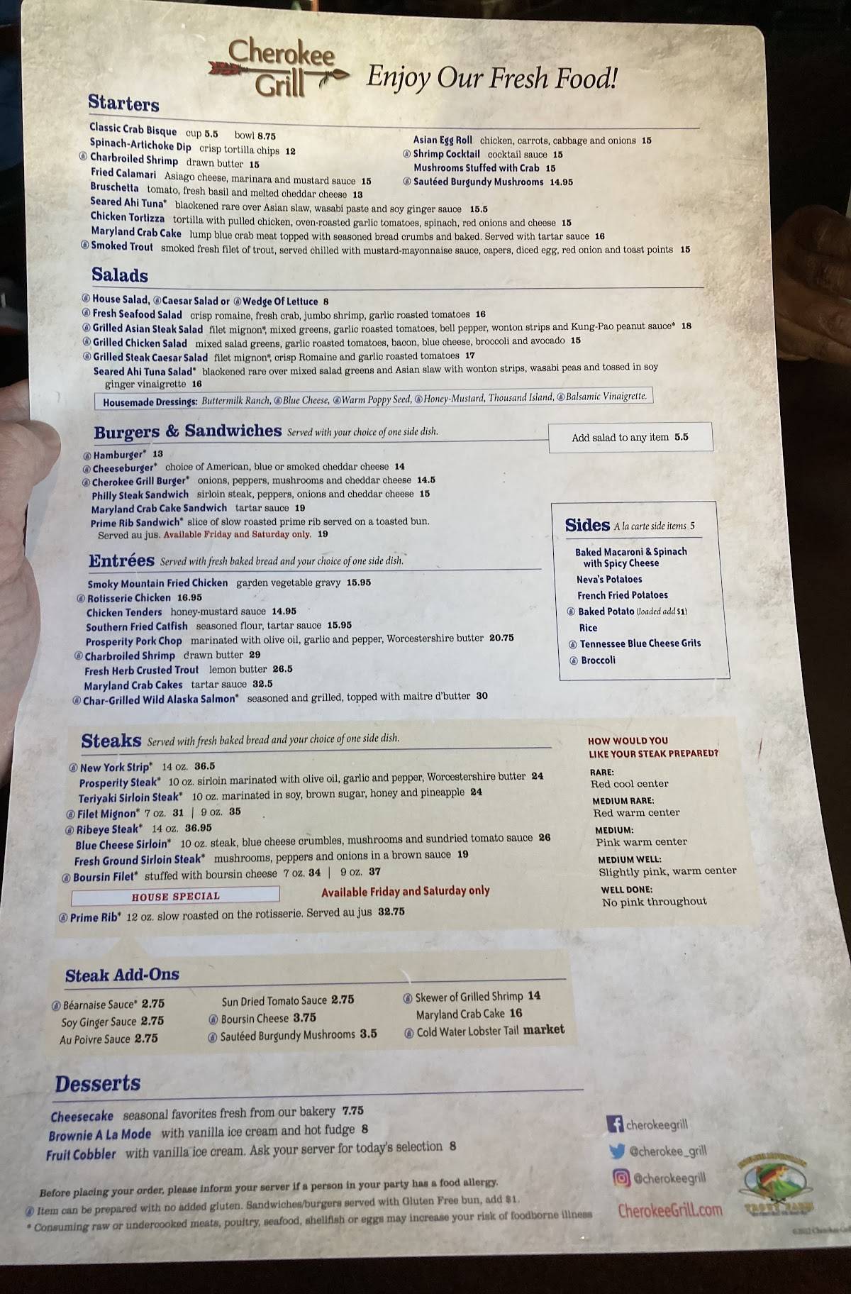 Menu at Cherokee Grill and Steakhouse, Gatlinburg