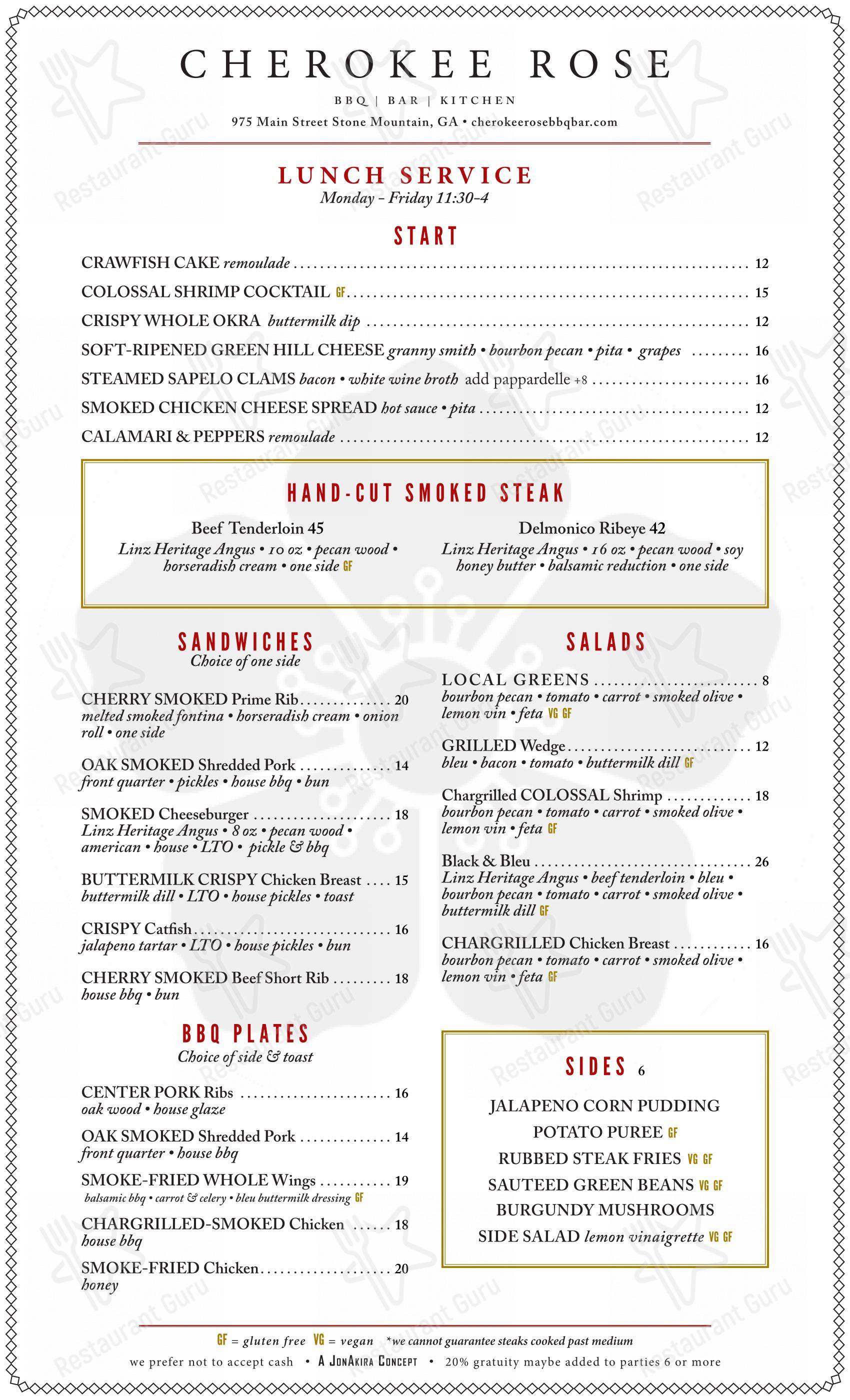 Menu at Cherokee Rose bbq bar & kitchen, Stone Mountain