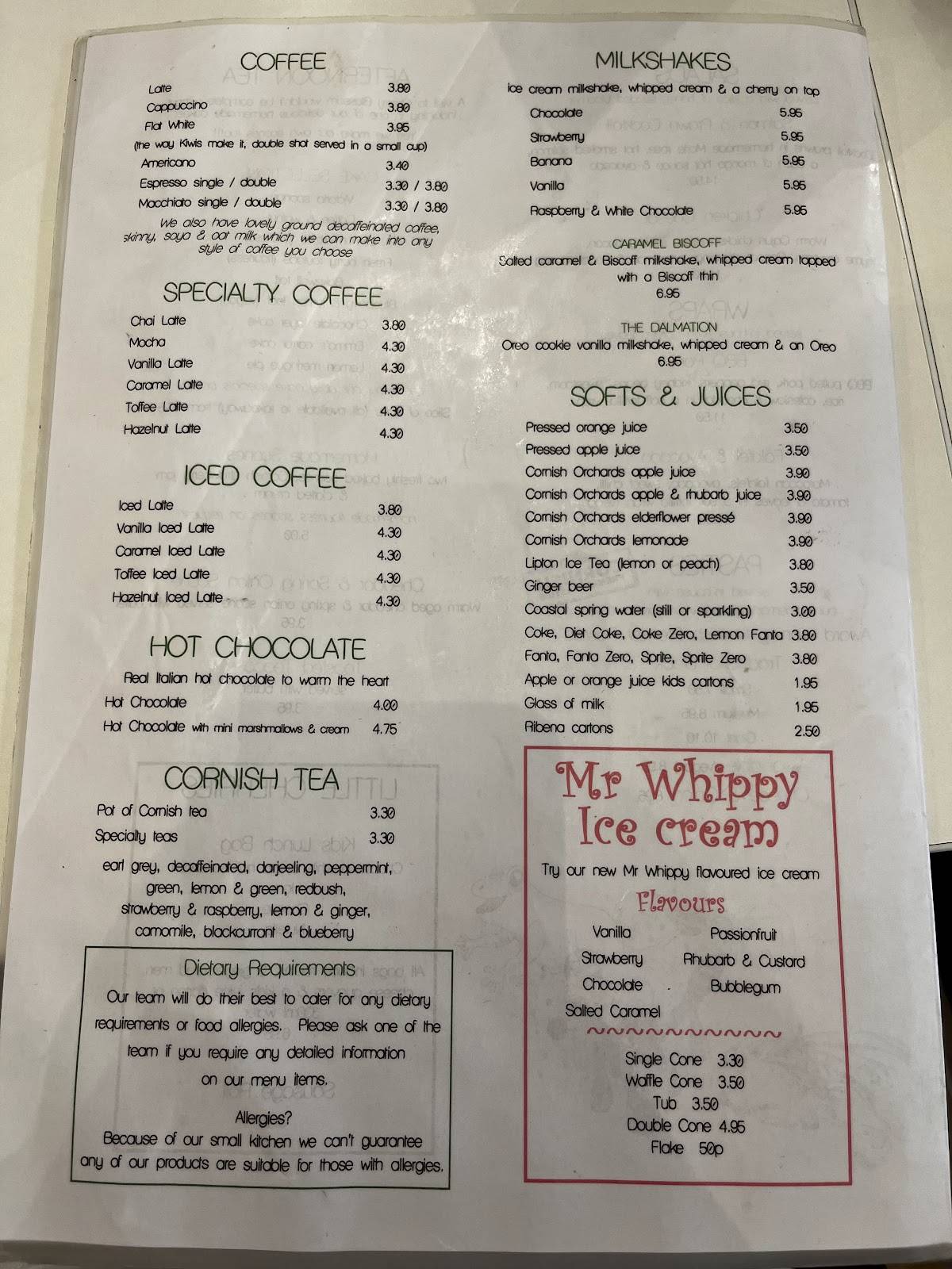 Menu at Cherry Blossom Coffee House, Padstow