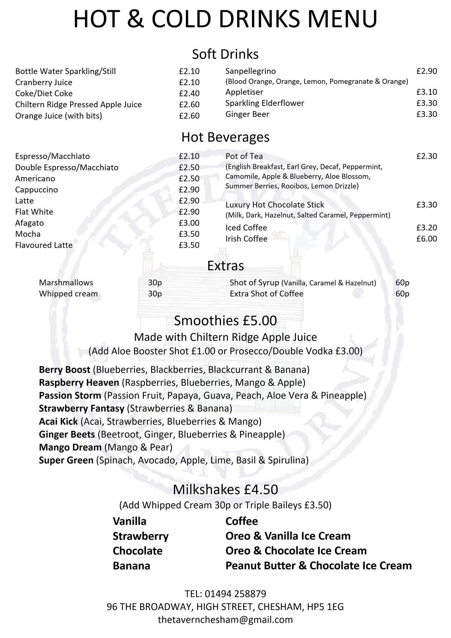 Menu at The Tavern restaurant, Chesham